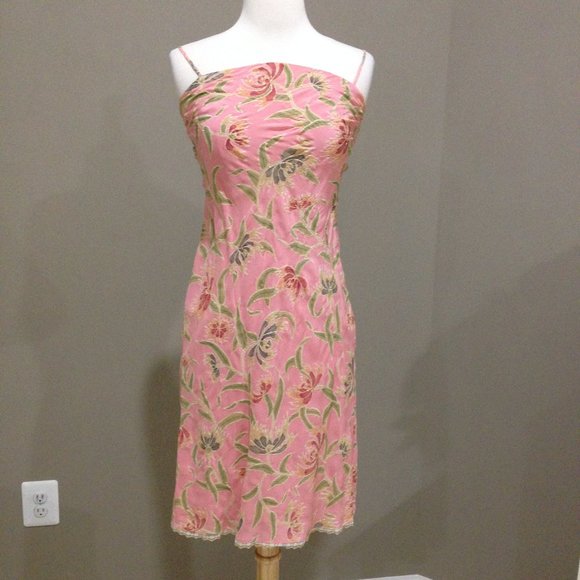 Hype | Dresses | Hype Pink Silk Print Midi Dress With Lace Trim | Poshmark